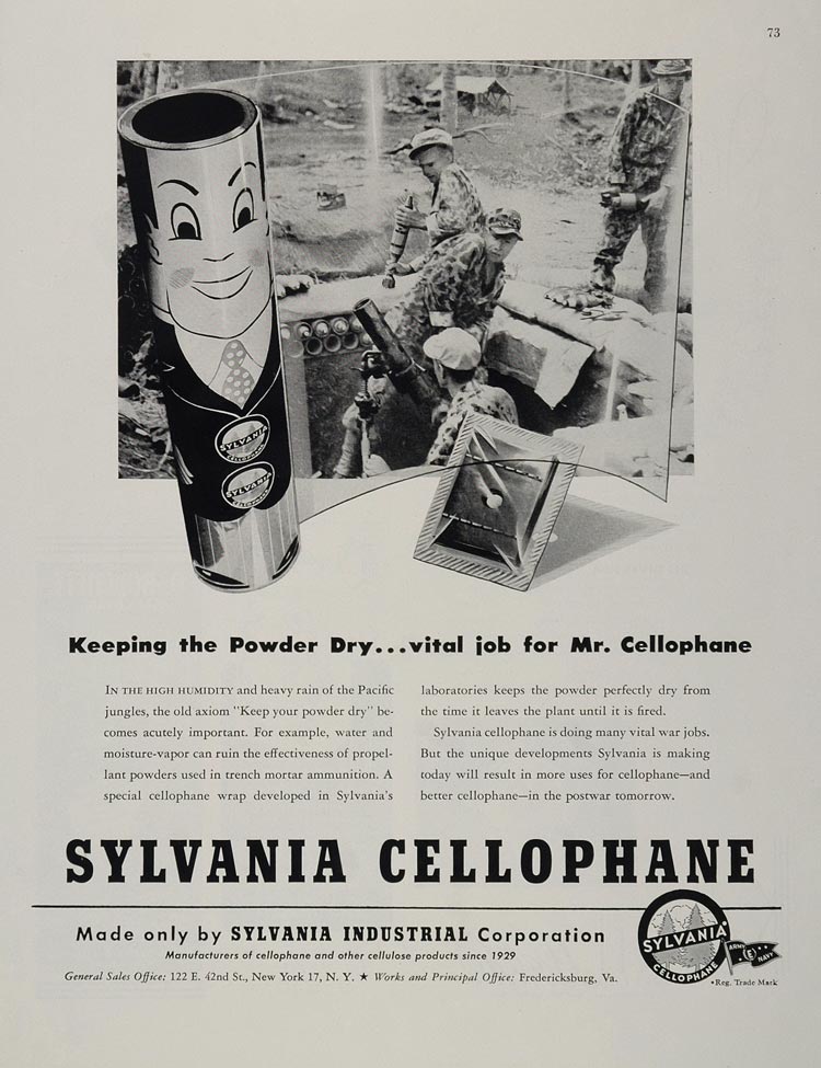 1944 Ad WWII Sylvania Cellophane Wrap Soldier Mortar Pit Wartime New Y ...
