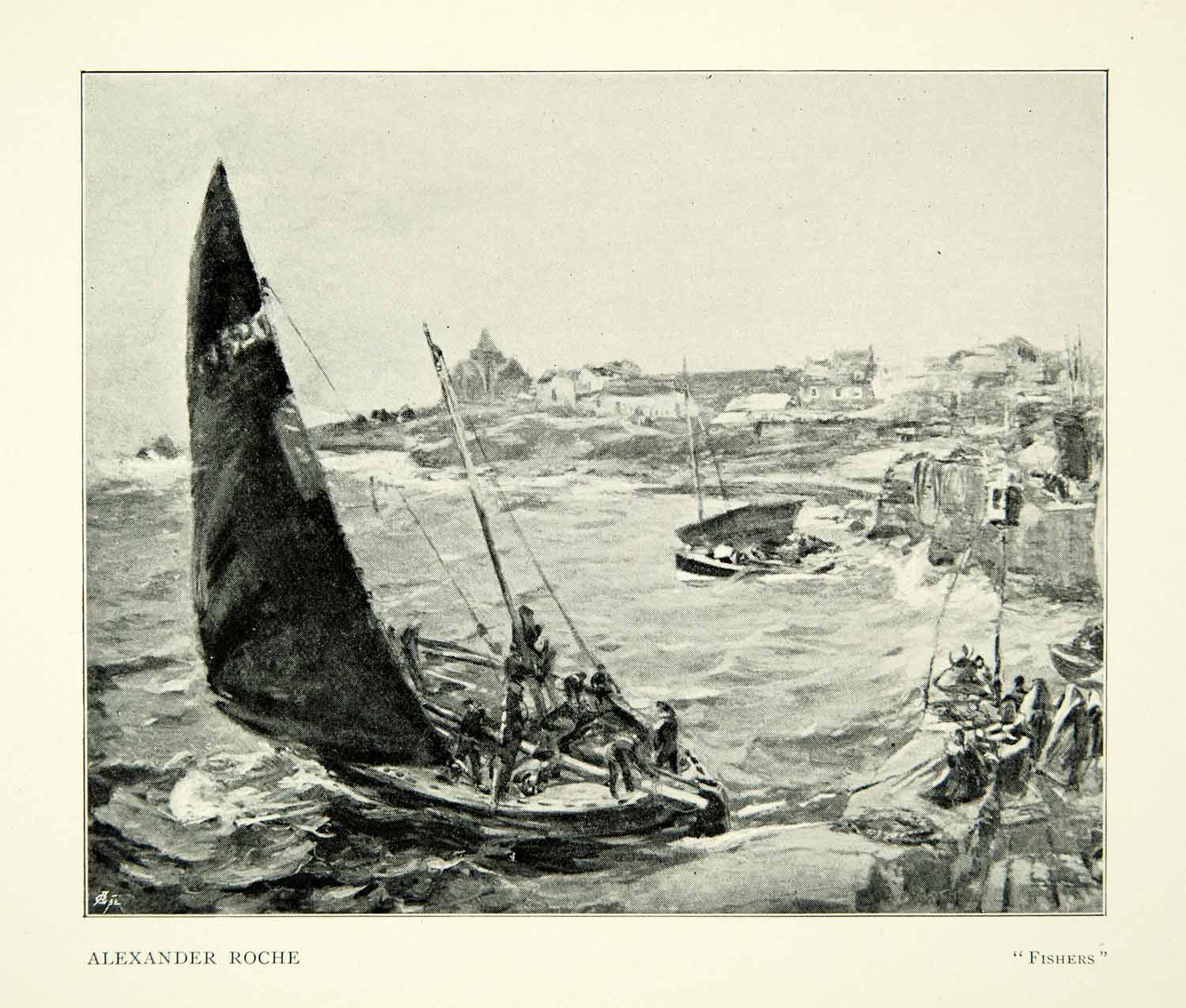 1897 Print Alexander Roche Fishers Shore Boat Coast Scotland Choppy Se ...