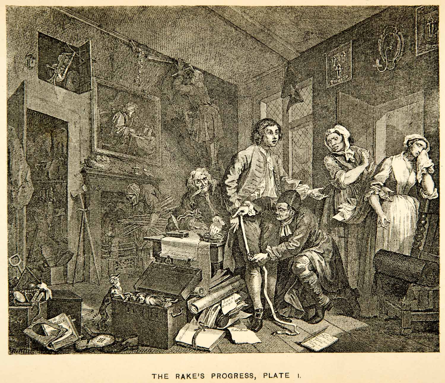 1883 Photolithograph William Hogarth Art Rakes Progress Young Heir Mis ...