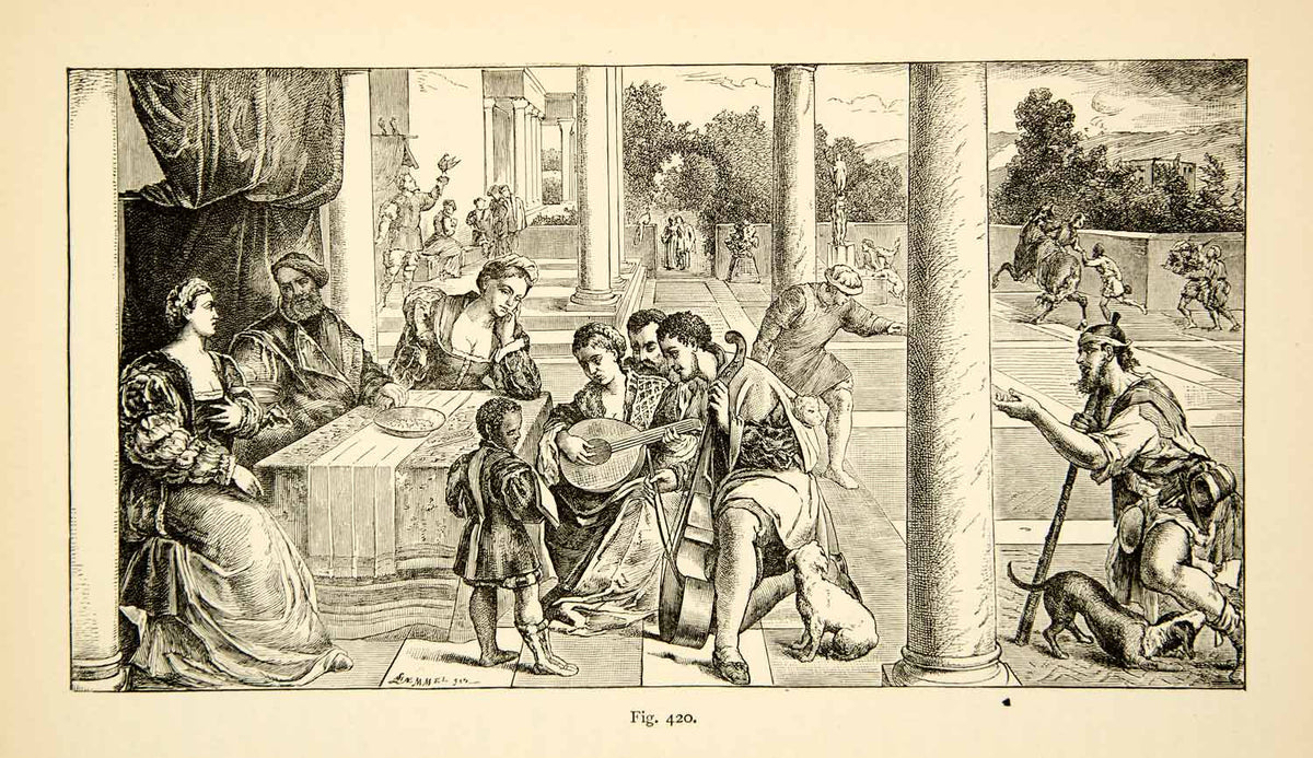 1888 Wood Engraving Rich Man Feast Food Eat Veronese Benifazio Musicia ...
