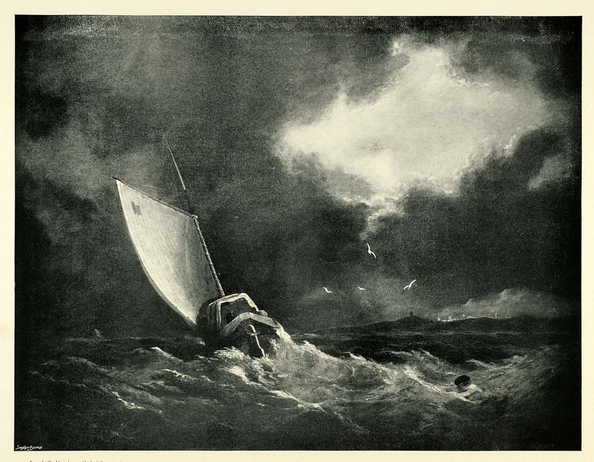 1897 Print Galiot Gale Ship Sailboat Ocean Wave Landscape Sky John Sel ...