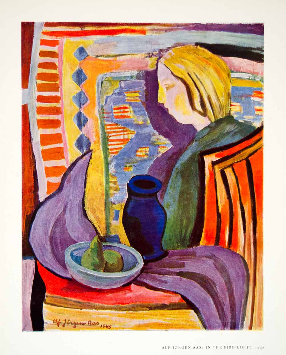 1949 Print Alf-Jorgen Aas In the Firelight Figure Portrait Fruit Bowl ...