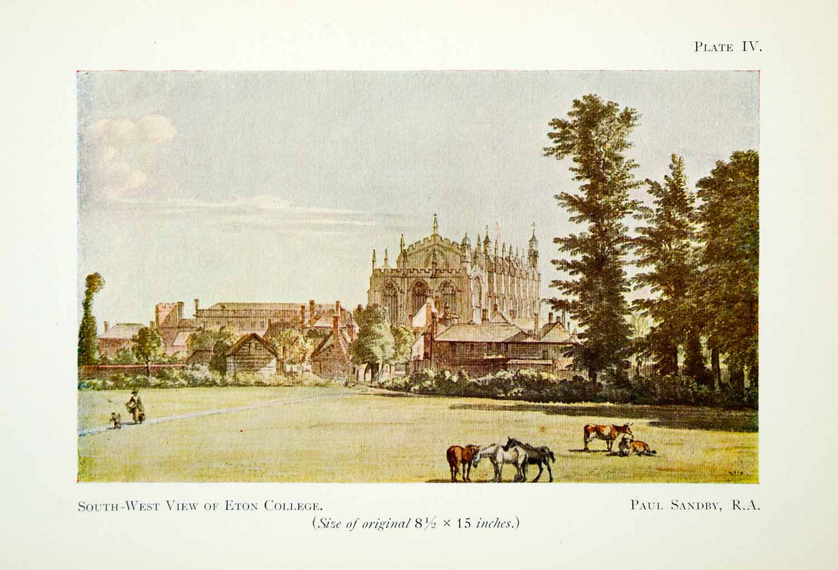 1929 Color Print Eton College Architecture Paul Sandry Courtyard Churc ...