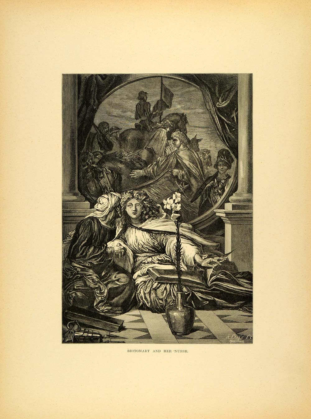 1887 Wood Engraving Britomart Nurse Portrait Floral Horse George Frede ...