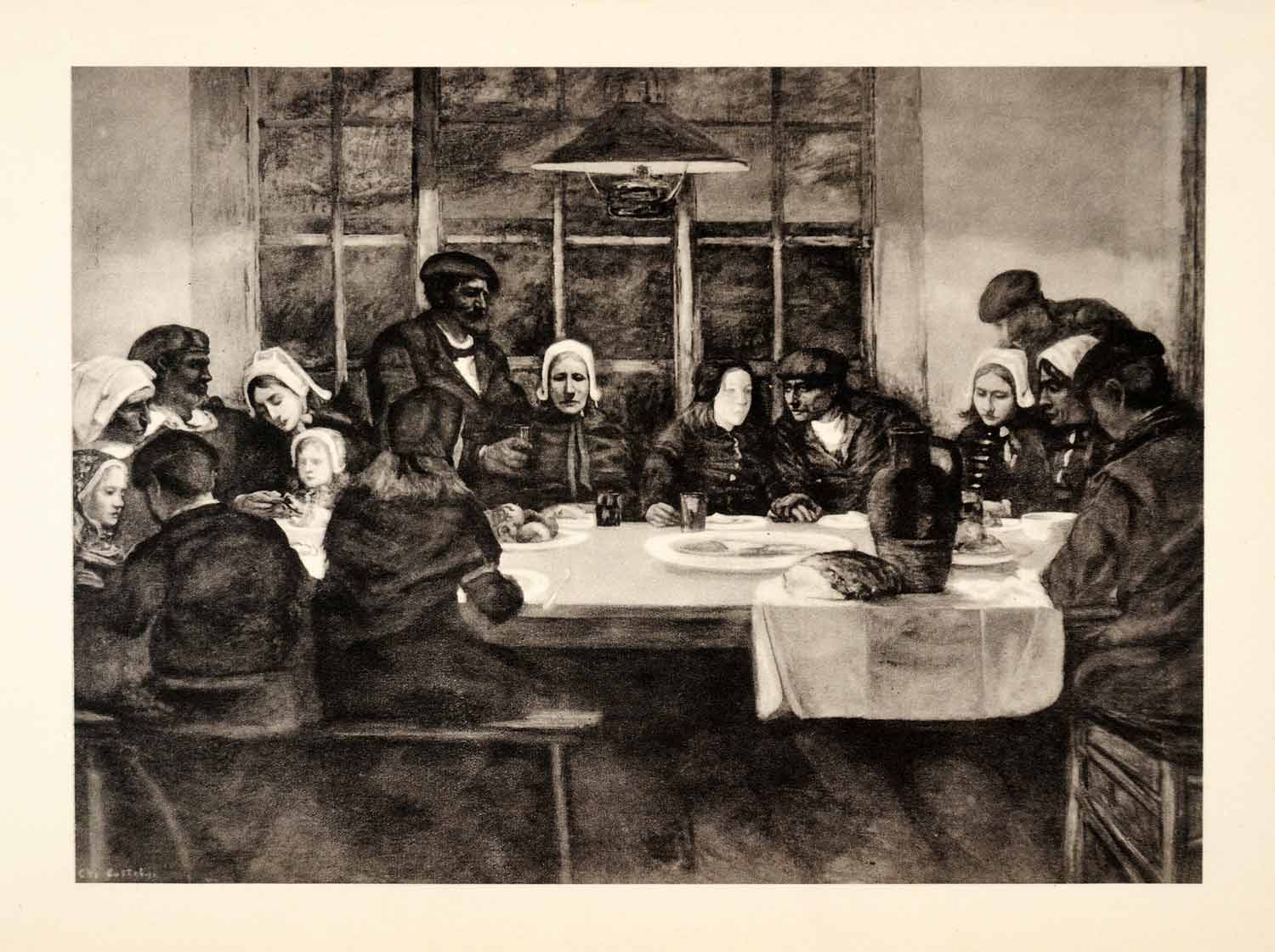 1936 Photolithograph Charles Cottet Breton Landscape France Table Dinn ...