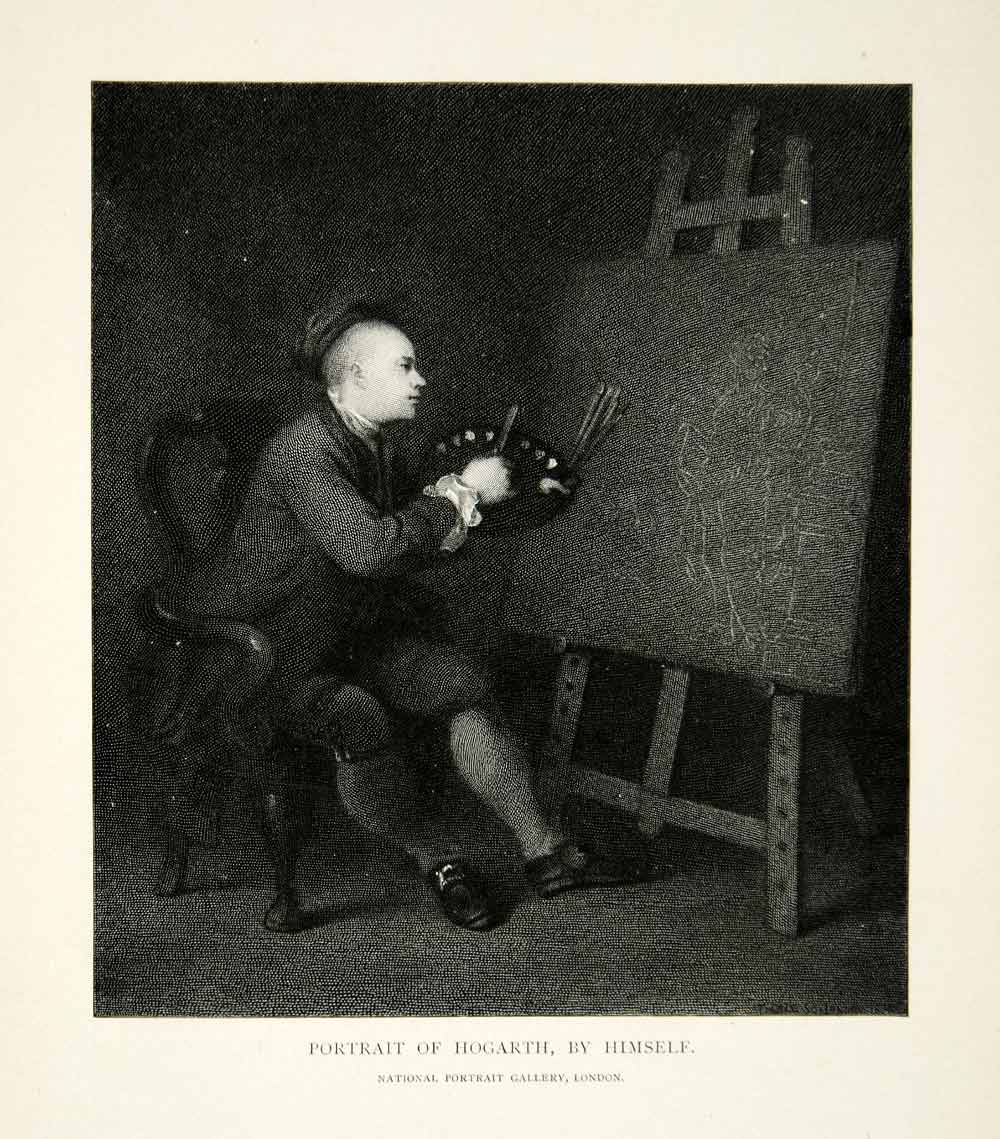 1902 Wood Engraving William Hogarth Art Self Portrait Painter Color XA ...