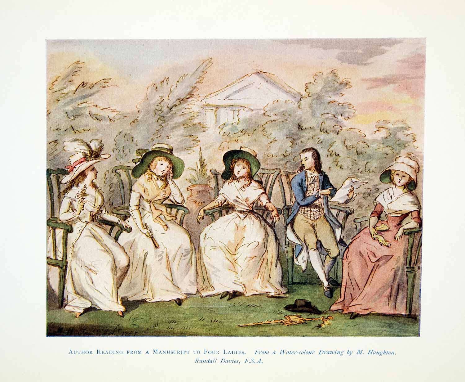 1907 Offset Lithograph Haughton Randall Davies Outdoors Garden Reading ...