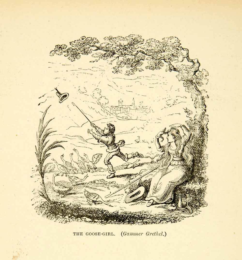 1891 Print George Cruikshank Goose Girl Gammer Grethel Windy Hat Herde ...