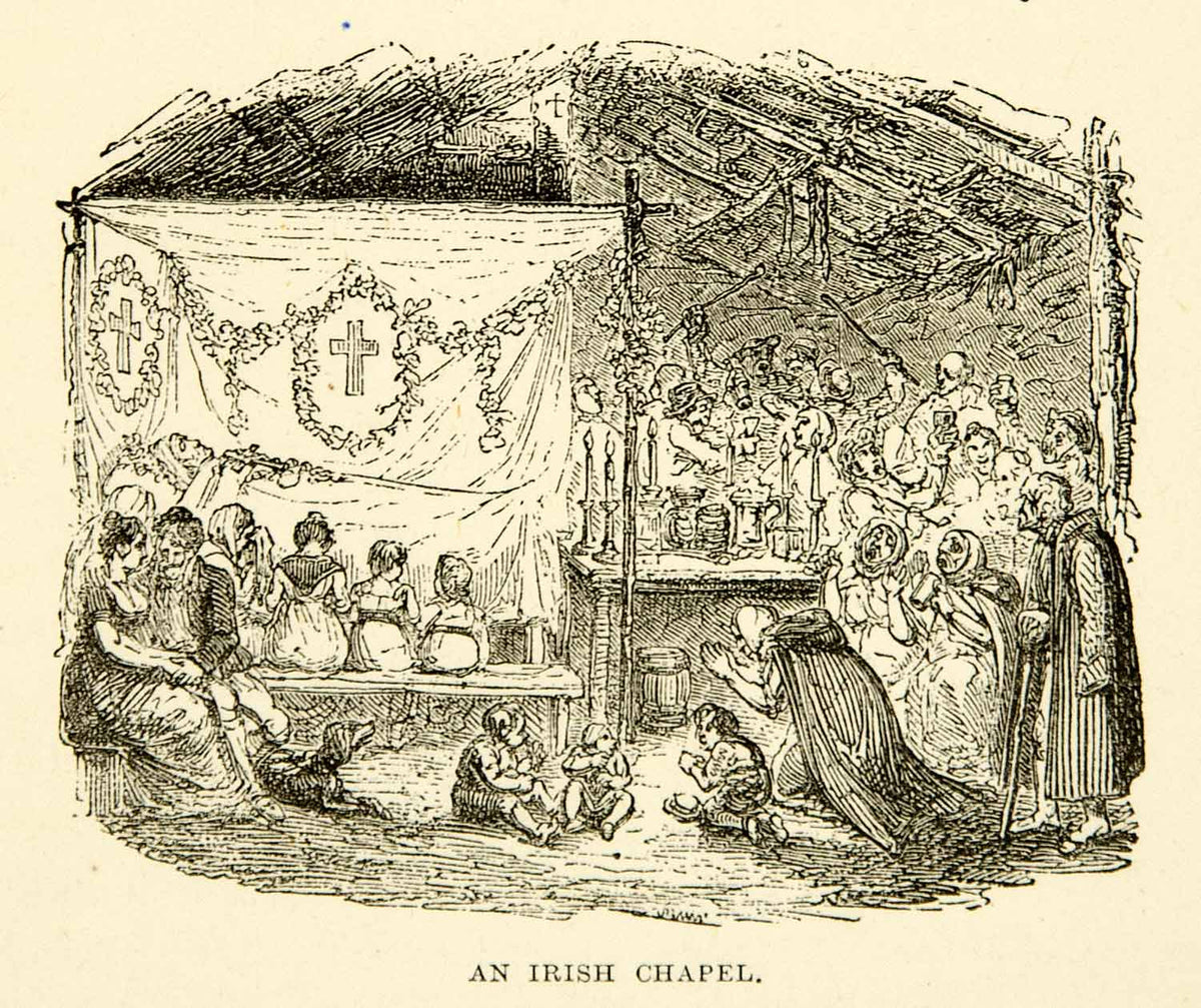 1891 Print Irish Chapel George Cruikshank Catholic Mass Cartoon Pews X ...