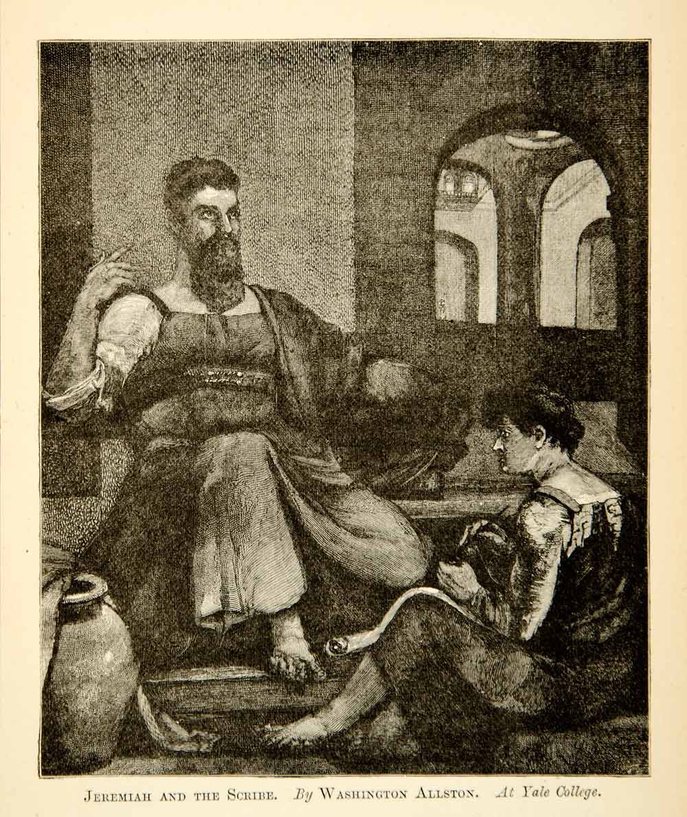 1883 Wood Engraving Washington Allston Jeremiah Scribe Religious Proph ...