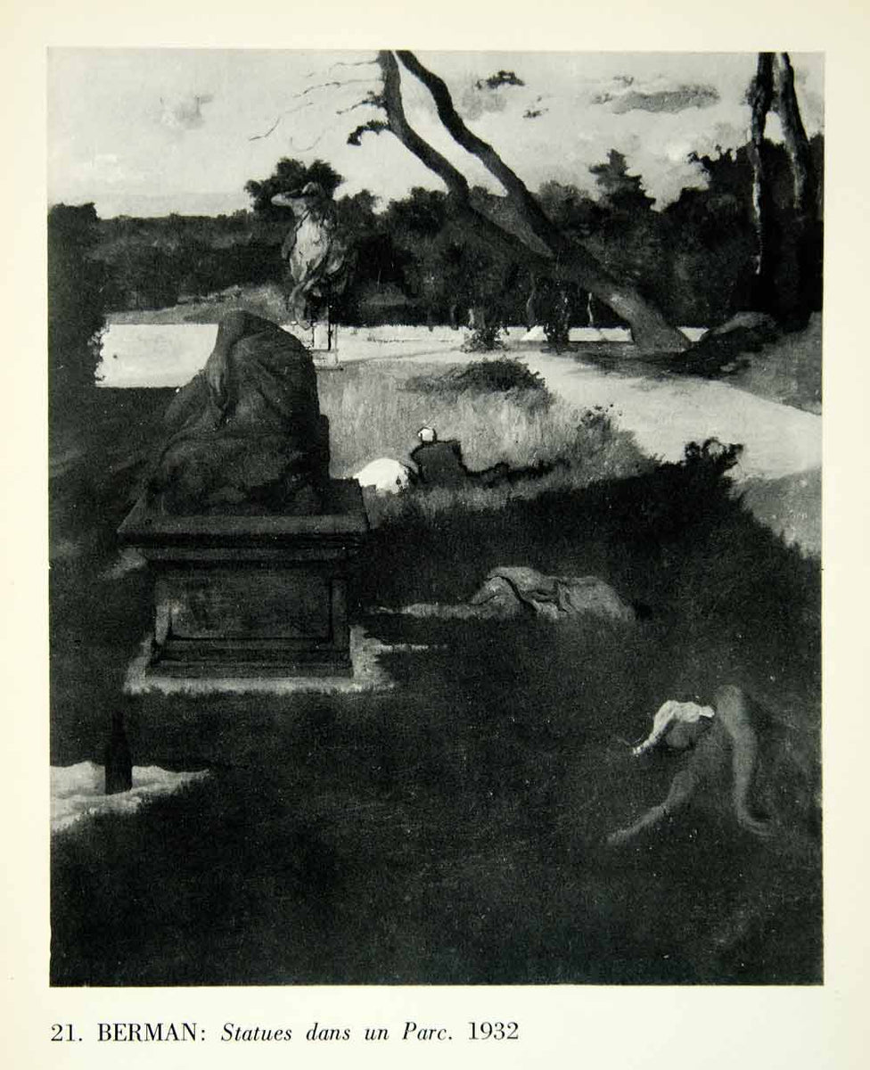 1935 Print Berman Statues Parc Landscape Dark Art Pedestal Windy Trees ...