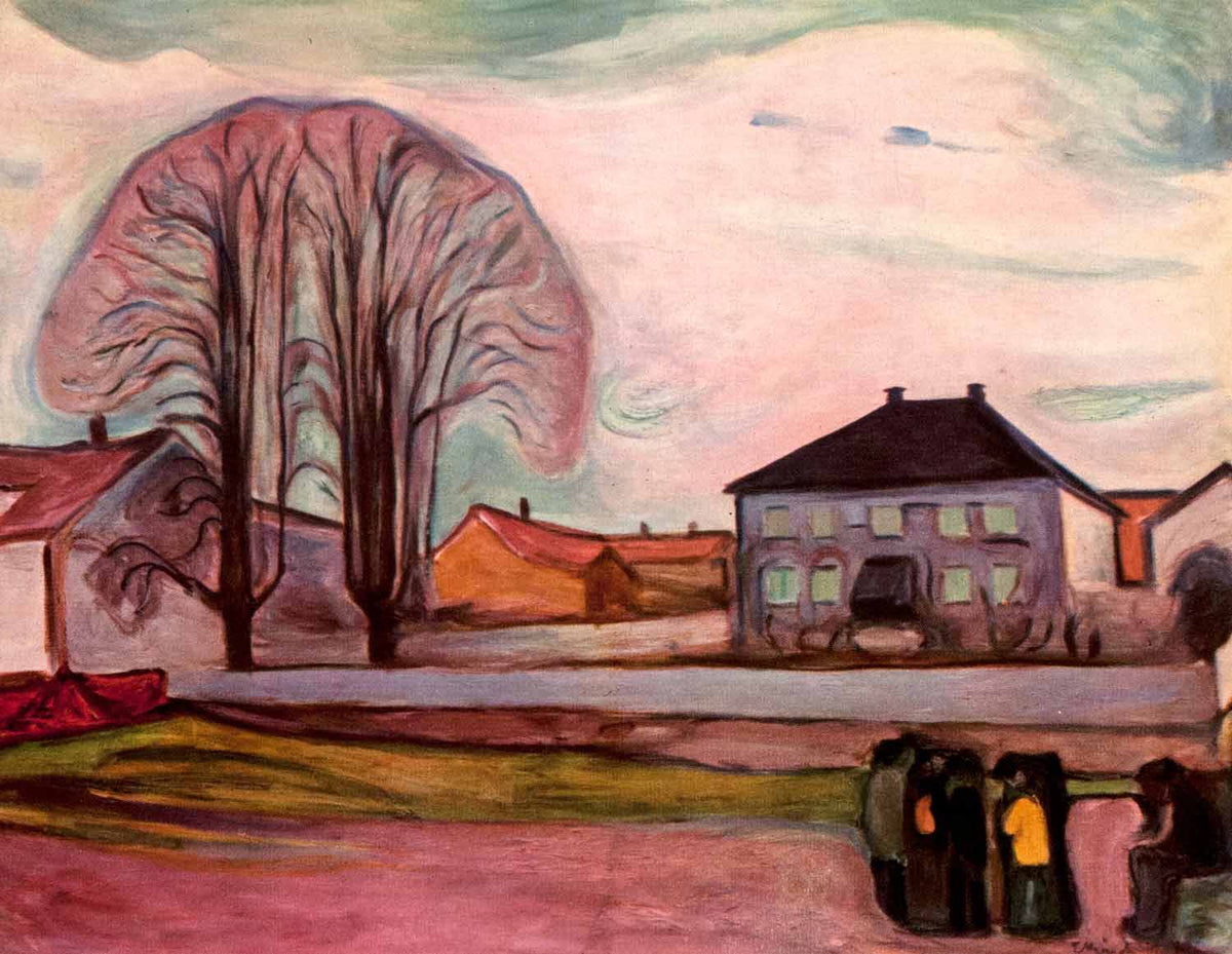 1957 Tipped-In Print Edvard Munch Expressionism House Shore Tree Pink ...