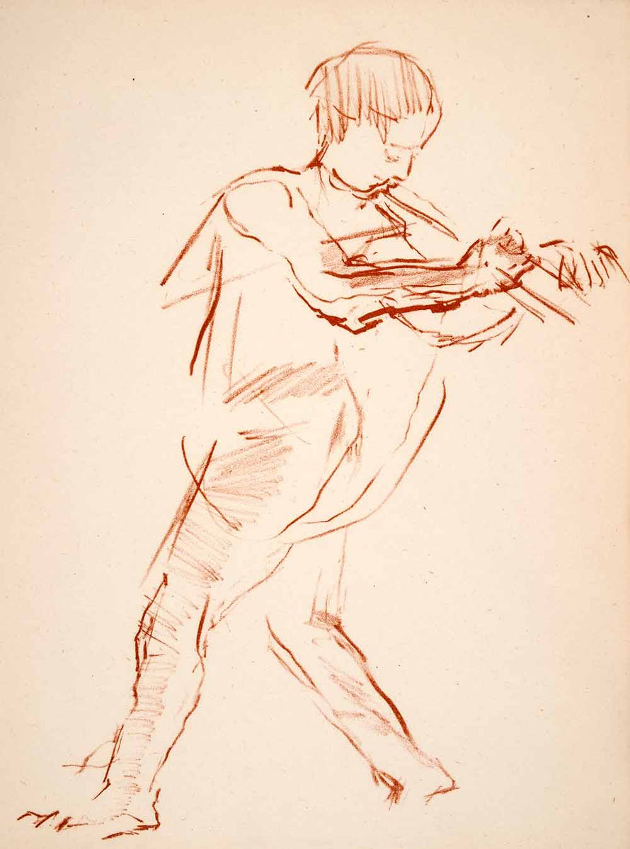 1948 Lithograph Flute Player Portrait Line Draw Figure Musician Instru ...
