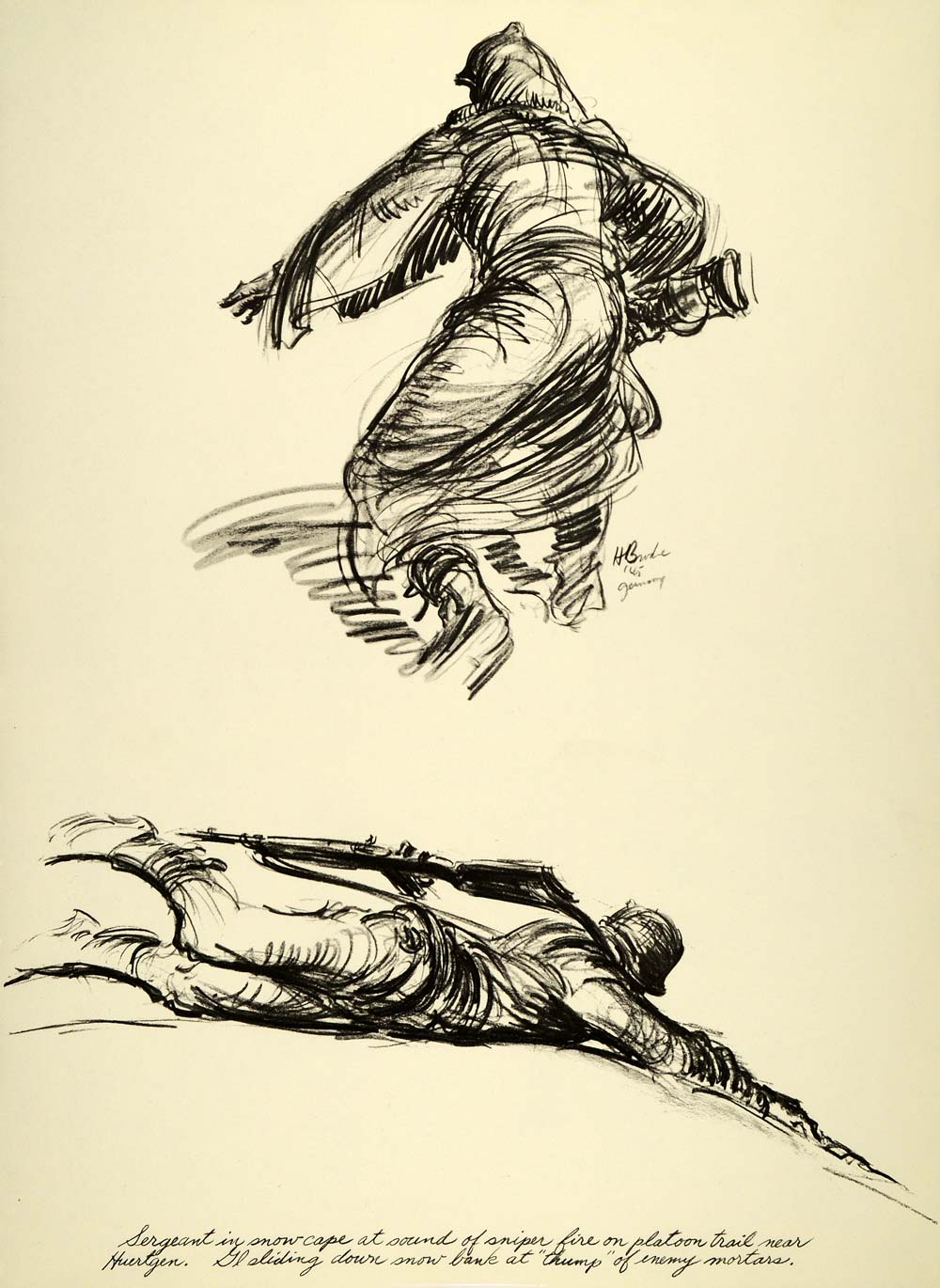 1963 Print Howard Brodie Art World War II GI Soldiers Huertgen Forest ...