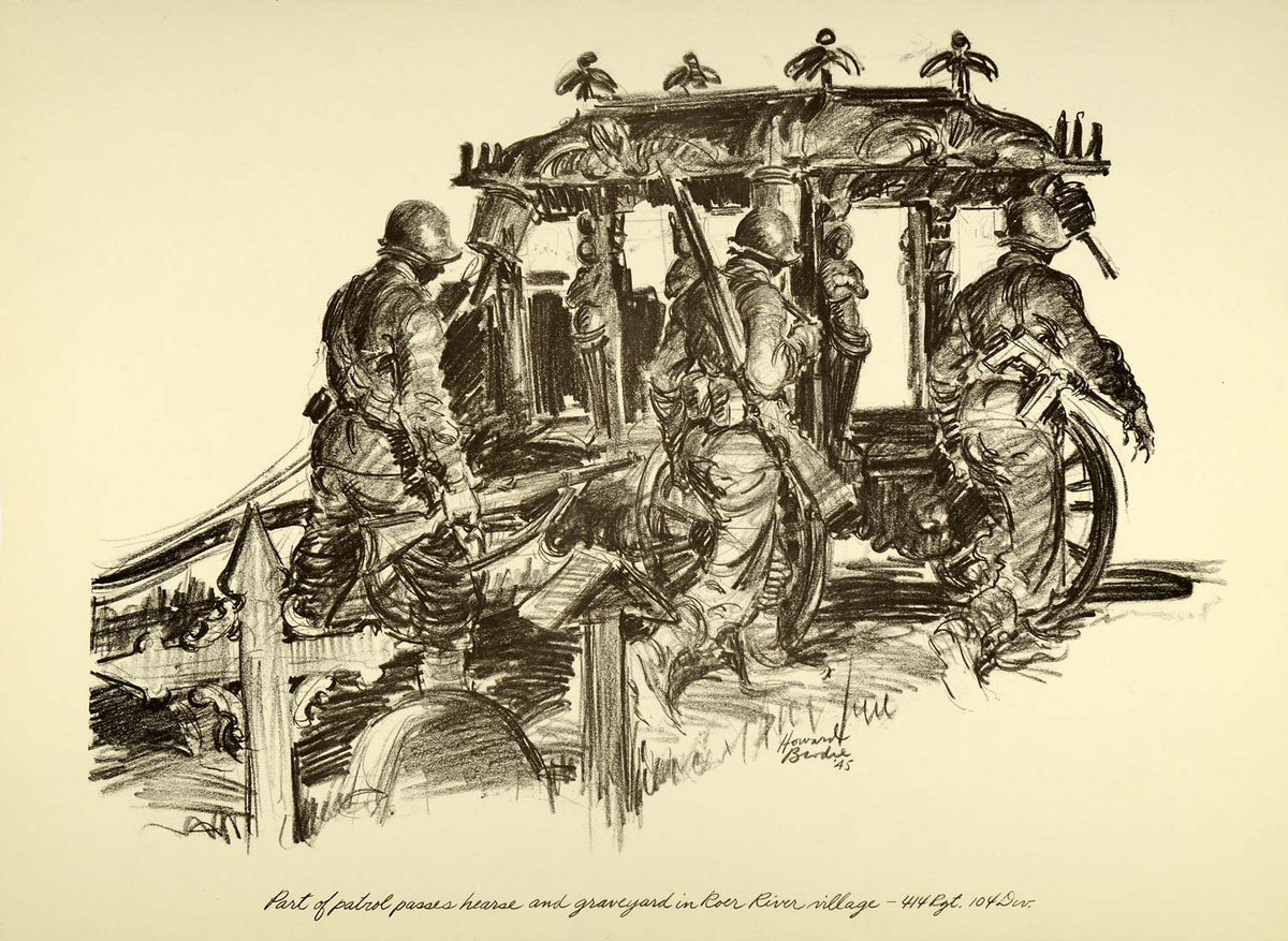 1963 Print Howard Brodie WWII Art Soldiers GI Patrol Hearse Roer River ...