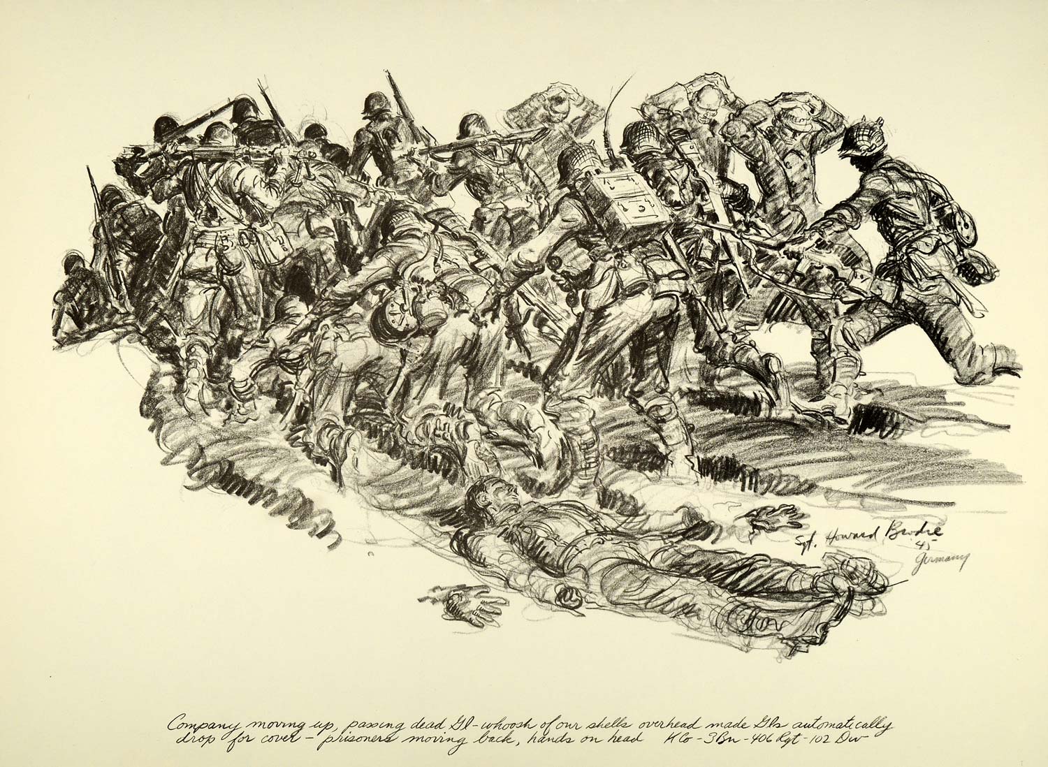 1963 Print Howard Brodie WWII Art US Soldiers GIs Under Fire Battle Ge ...