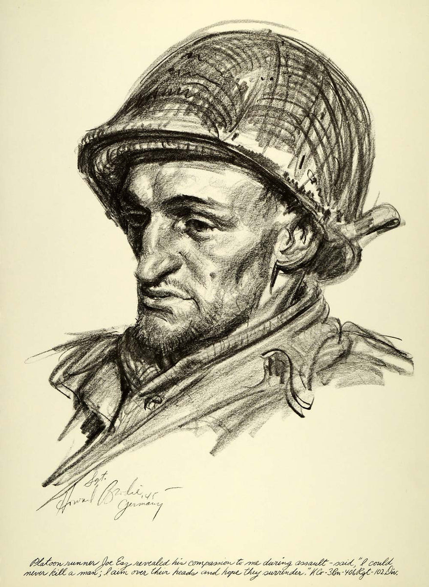 1963 Print Howard Brodie Art WWII Joe Esz Portrait Platoon Runner US S ...