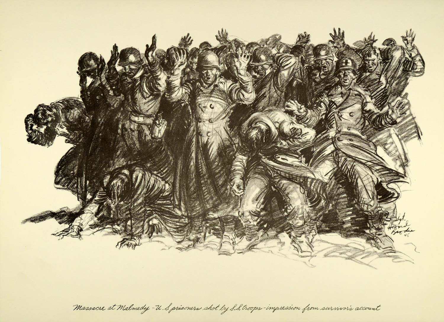 1963 Print Howard Brodie Art WWII Malmedy Massacre Battle of the Bulge ...