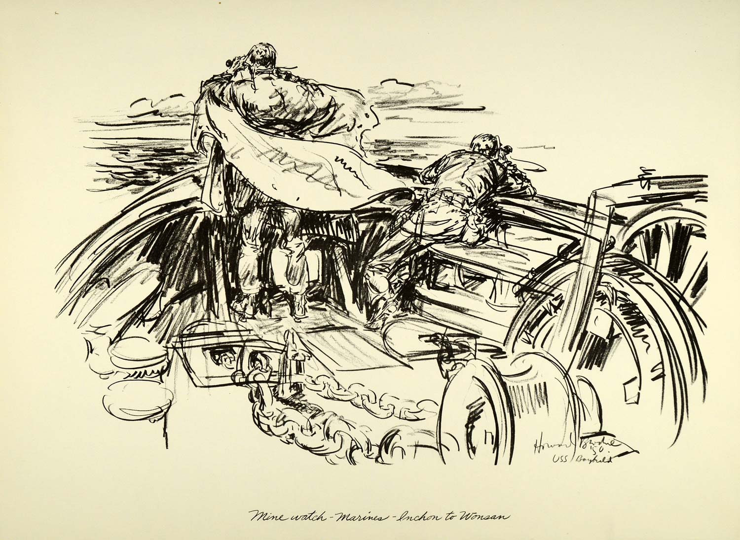 1963 Print Howard Brodie Korean War Art US Marines Mine Watch Deck USS ...