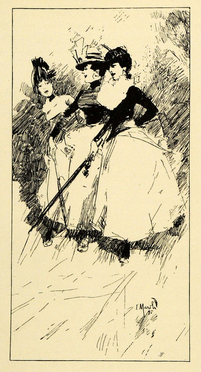 1920 Wood Engraving Ludwig Marold Artwork Three Victorian Fashion Wome ...