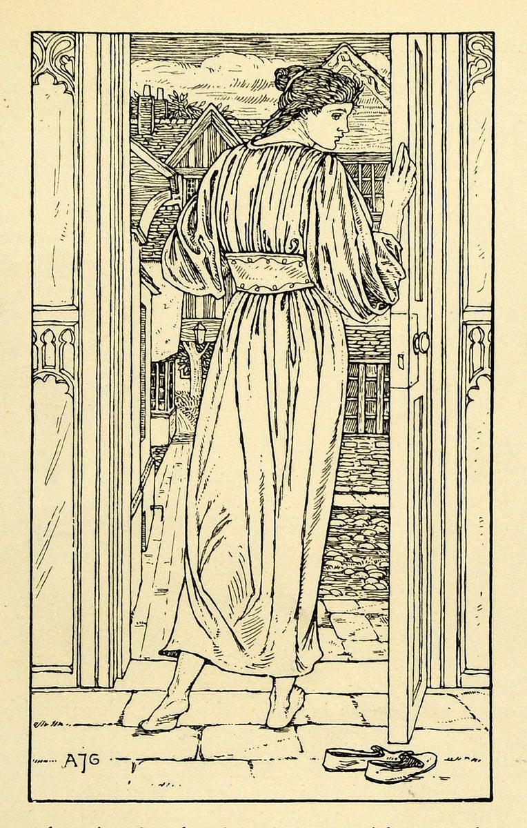 1920 Wood Engraving Arthur Gaskin Art Goloshes Fortune Woman Looks Bac ...
