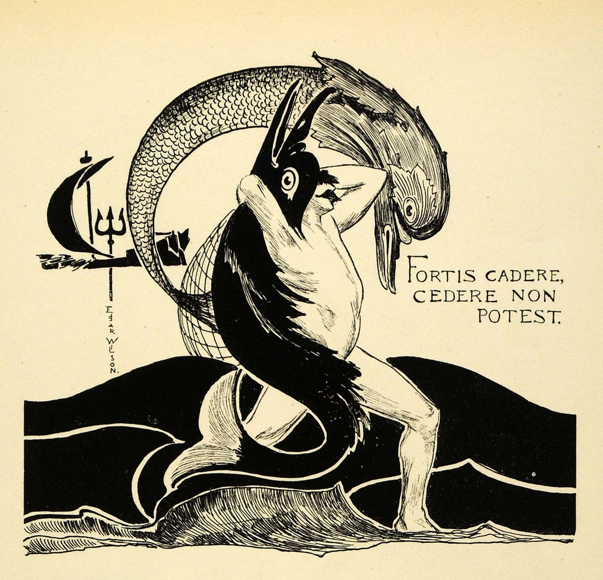 1920 Wood Engraving Edgar Wilson Mythical Art Nude Man Wrestling Sea X ...