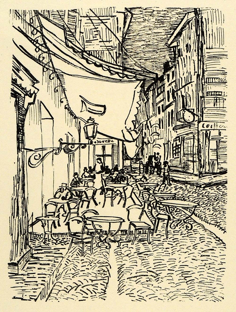 1920 Wood Engraving Vincent Van Gogh Artwork Outdoor Dining Cafe Arles ...