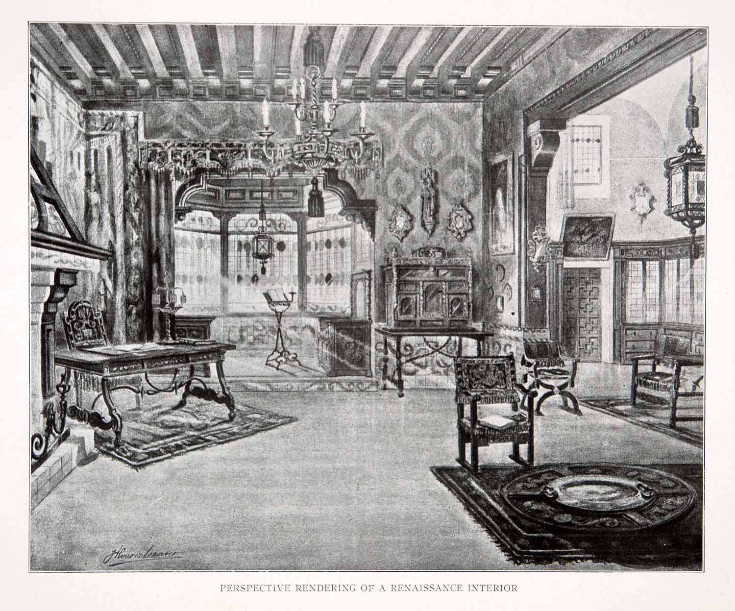 1925 Print Renaissance Living Drawing Room Interior Parlor Architectur ...