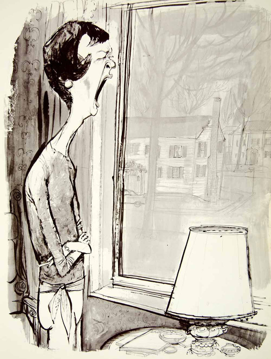 1960 Print Erich Sokol American Woman Yawning Screaming Suburbia Lamp ...