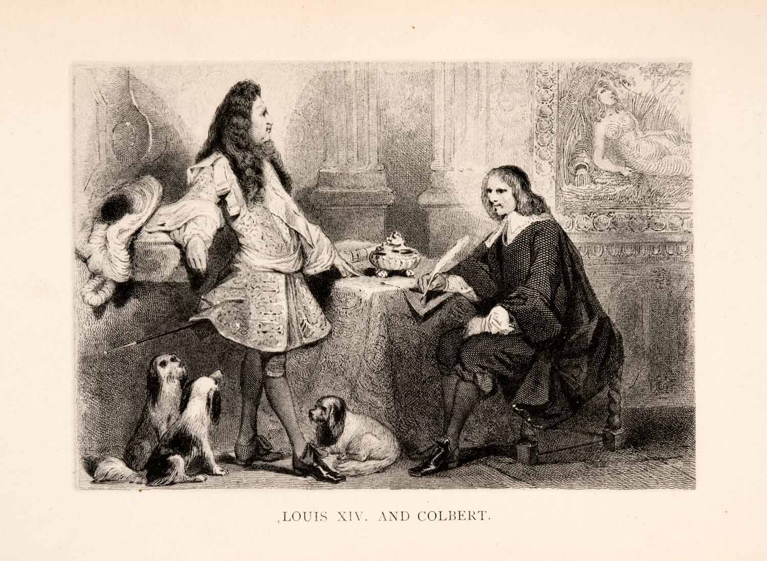 1887 Lithograph French King Louis XIV Dogs Jean Baptiste Colbert Costu ...