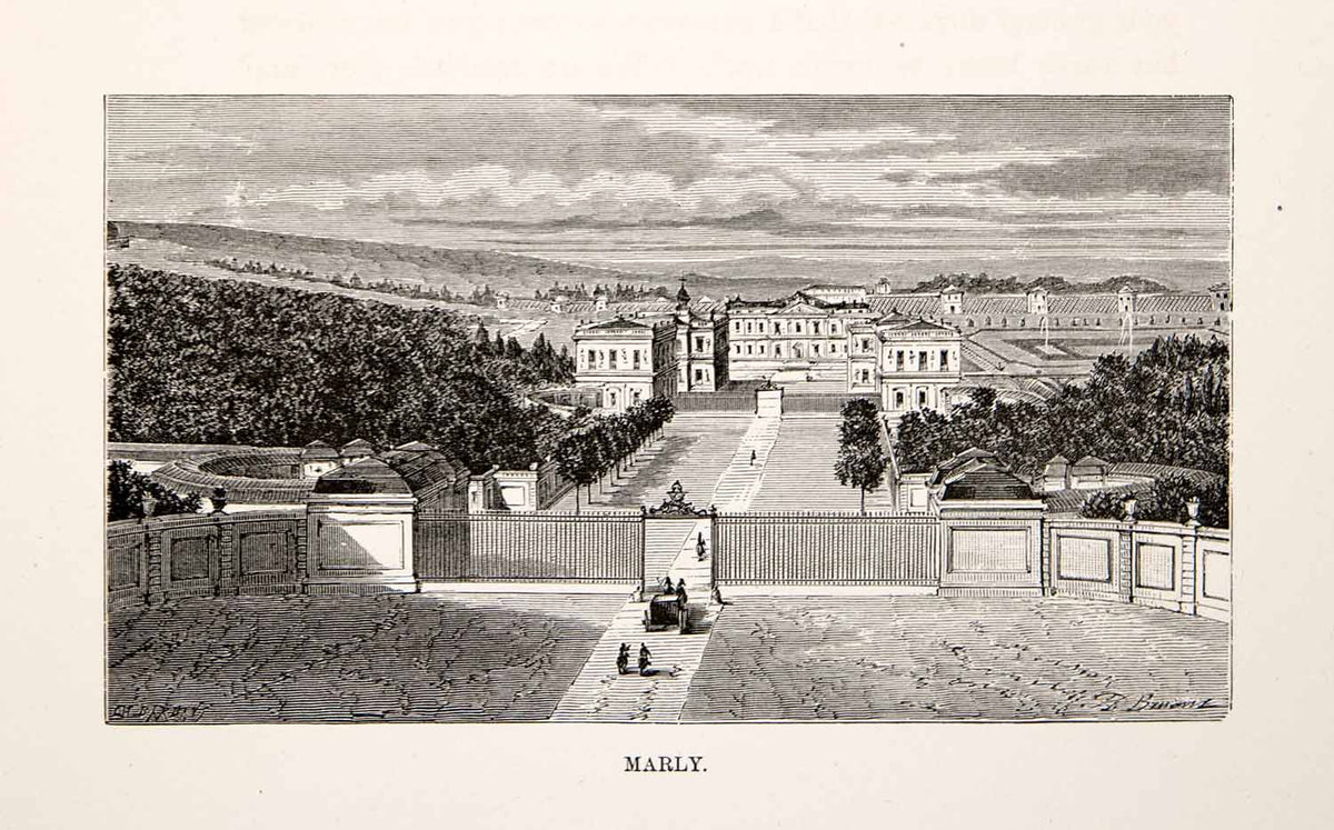 1875 Woodcut Chateau Marly Louis XIV View Entrance 17th Century France ...