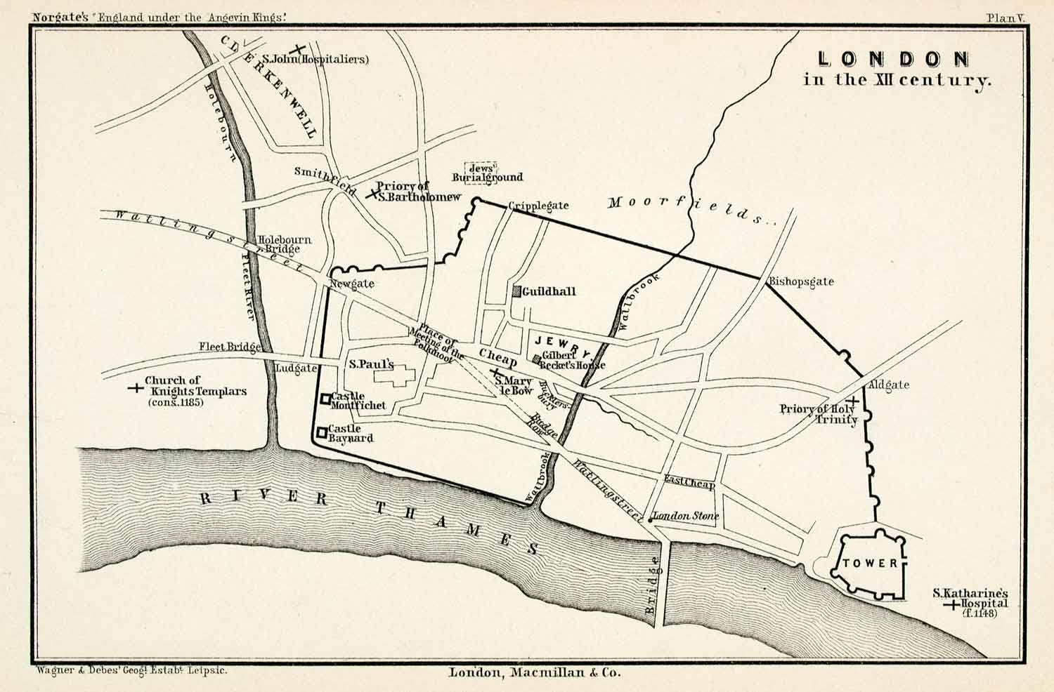 1887 Lithograph Map London City Plan Jewry Cripplegate Aldgate Priory ...
