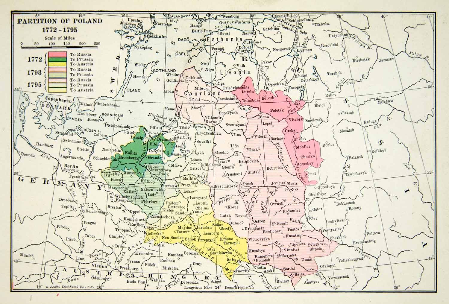 1918 Print Map Partition Poland Russia German Austria-Hungary Baltic S ...