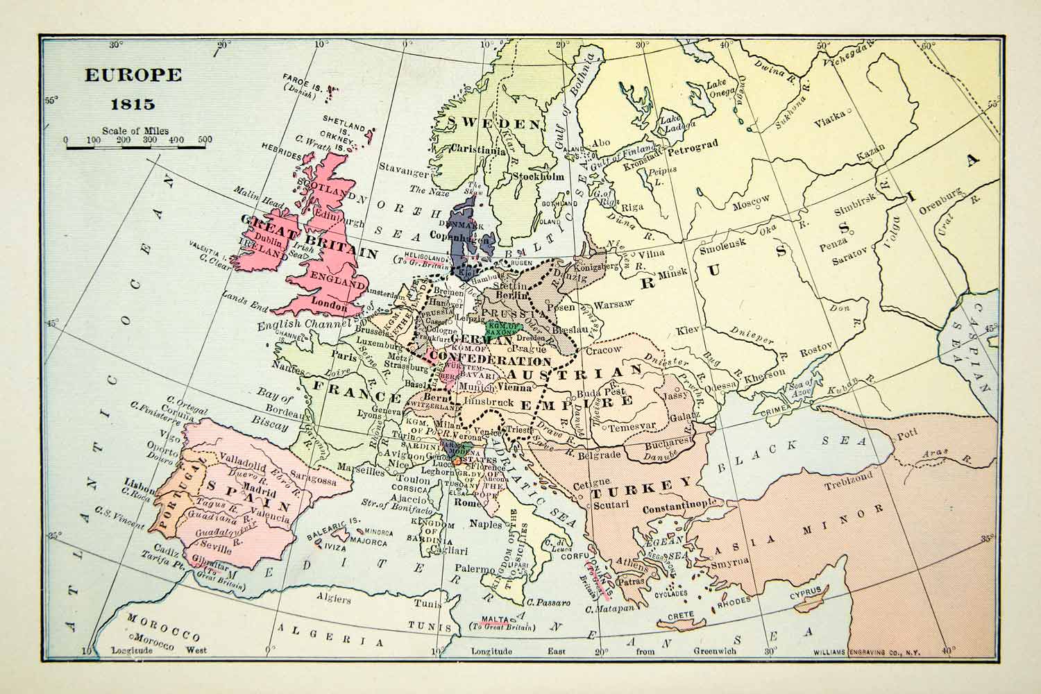 1918 Print Map Europe 1815 Great Britain Sweden Bucharest Jassy Odessa ...