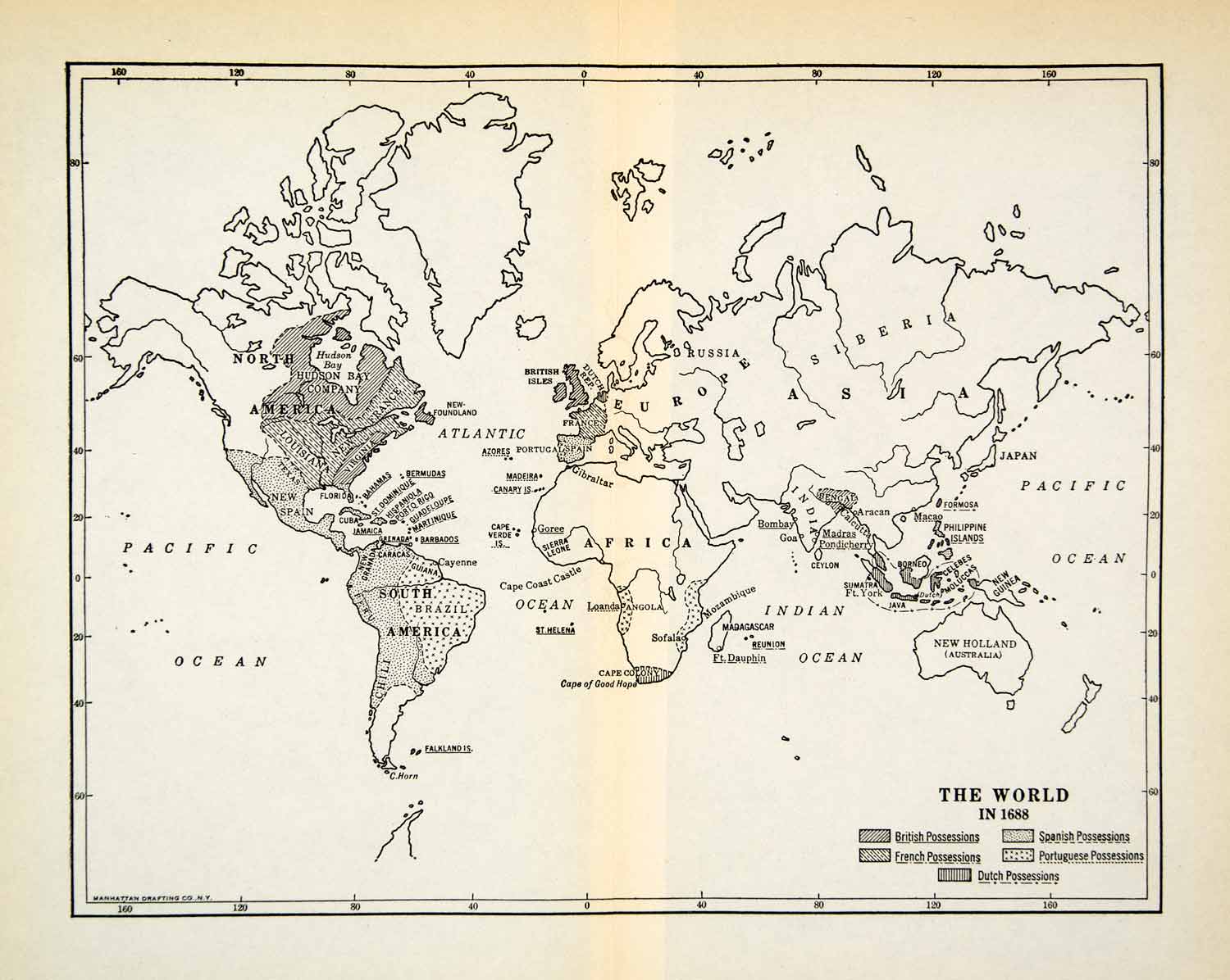 1931 Print World Map 1688 Africa India Russia Asia North South America ...