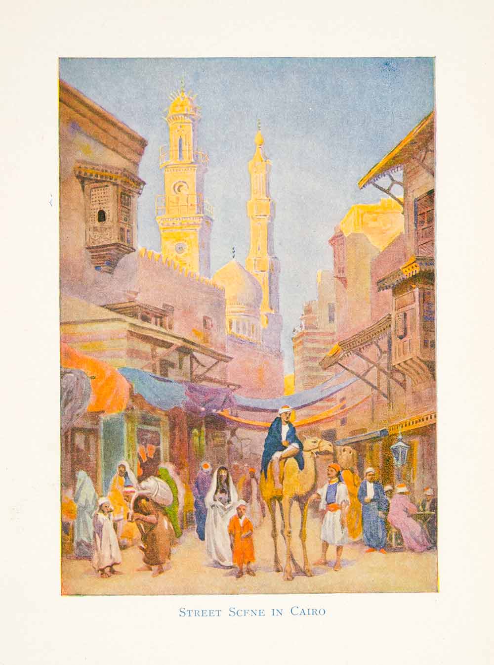 1929 Color Print Art Cairo Egypt Streetscape Cityscape Obelisk Histori ...
