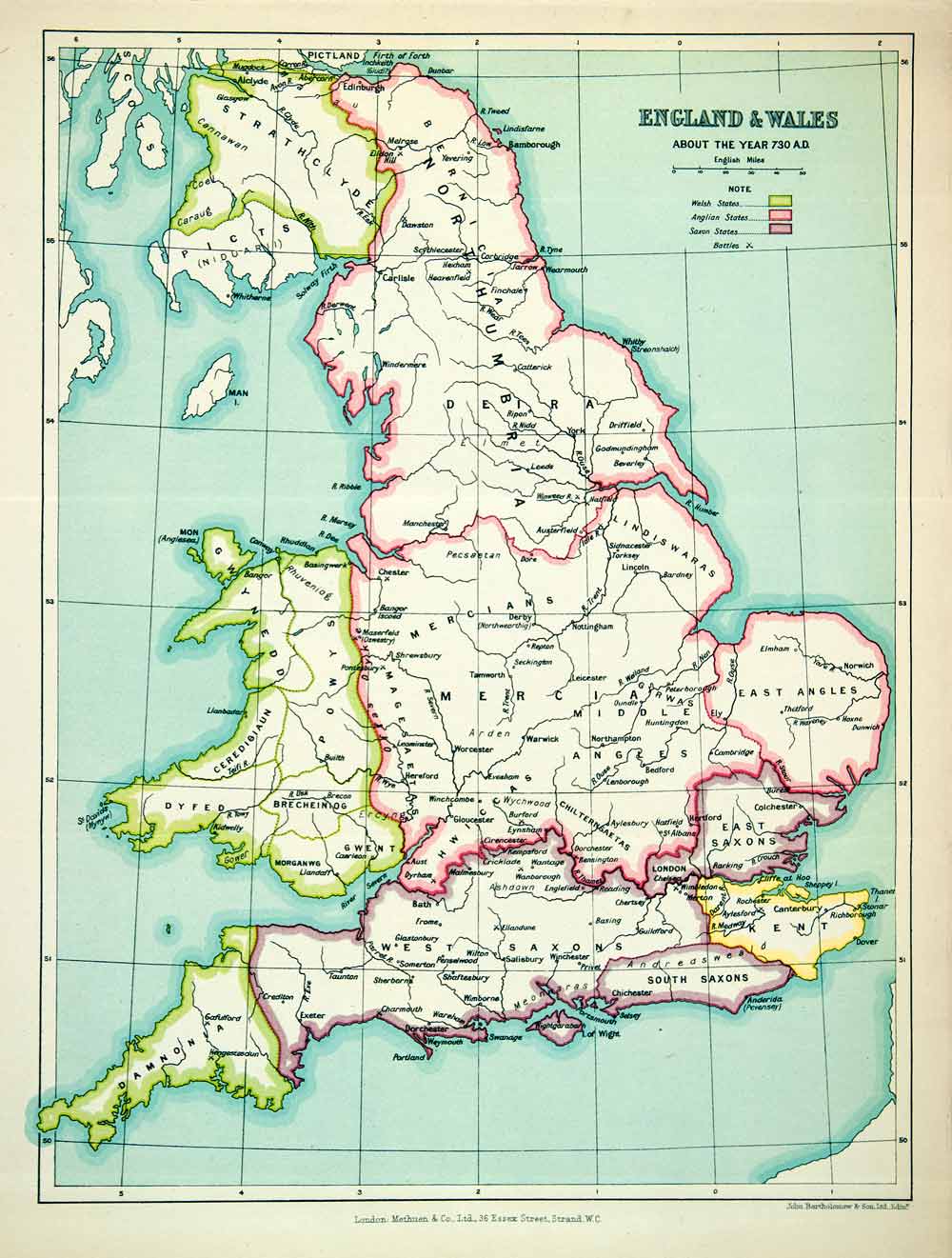 1923 Lithograph England Wales Map Mercian Damnonia Saxon Kent Northumb ...