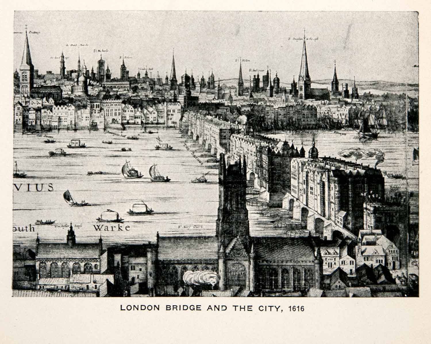 1928 Print London Bridge Cityscape England Spires Boats Waterway Build ...