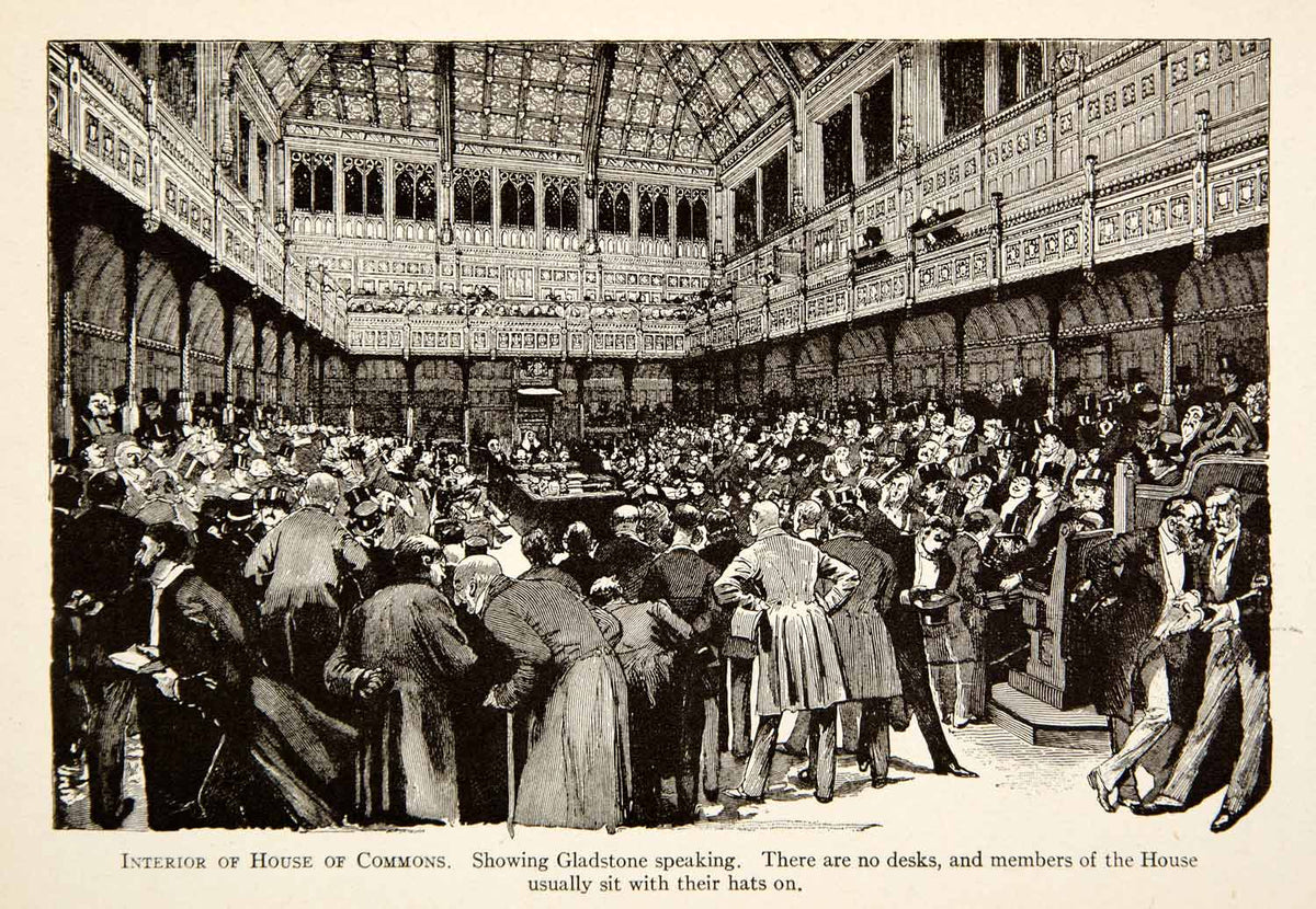 1918 Wood Engraving British House Commons Gladstone England Architectu ...