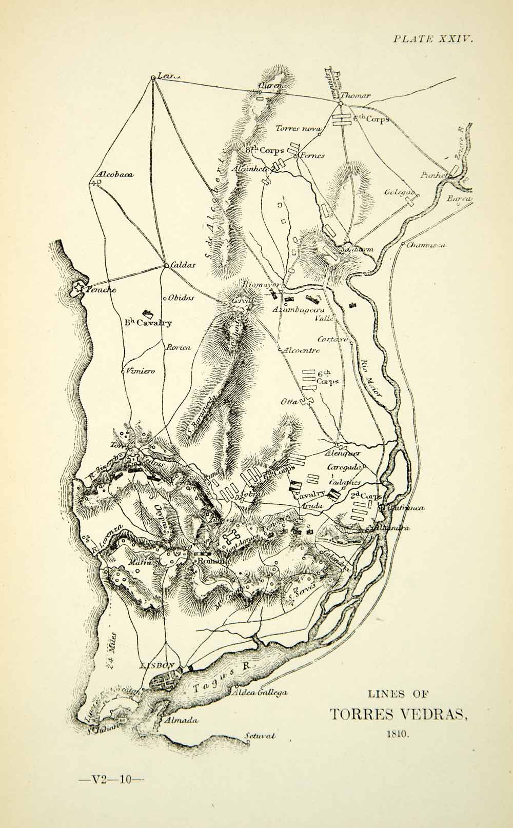 1904 Print Map Peninsular War Torres Vedras Lines Army Placement Frenc ...