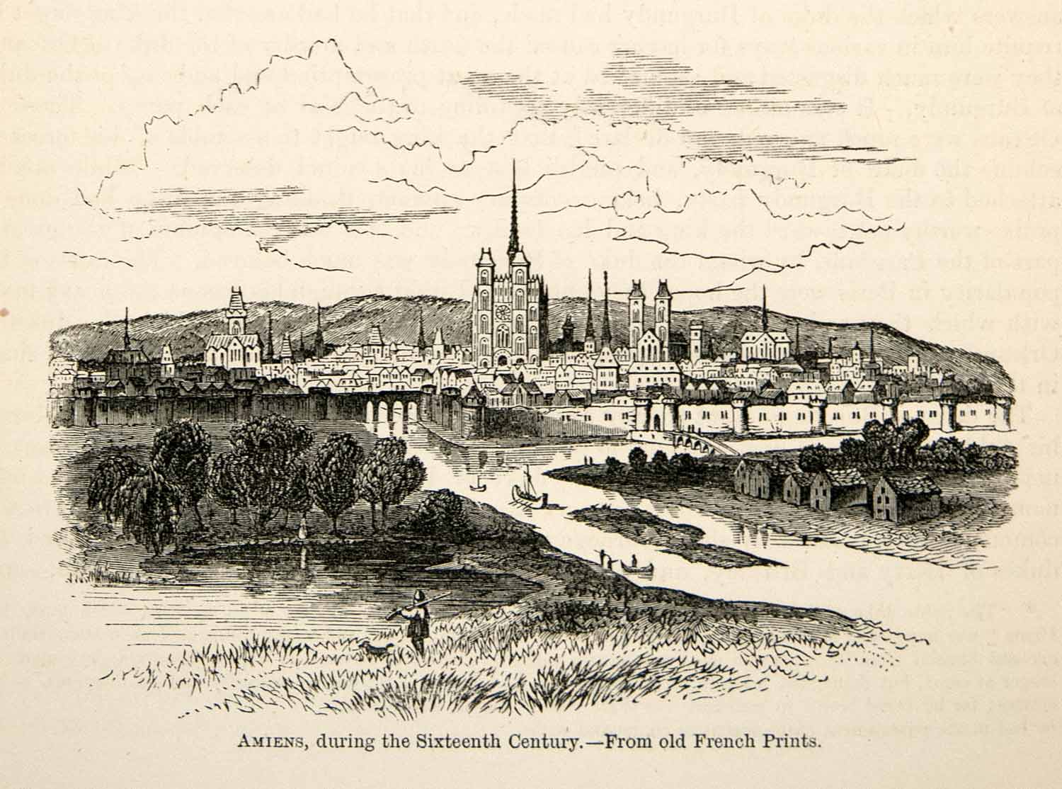 1877 Woodcut Amiens During Sixteenth Century Cityscape Medieval River ...