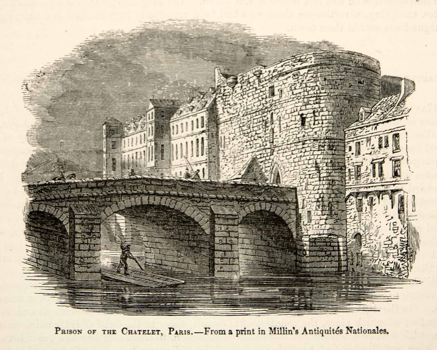 1877 Woodcut Prison Chatelet Paris France Bridge Waterway, Castle XEF4 ...