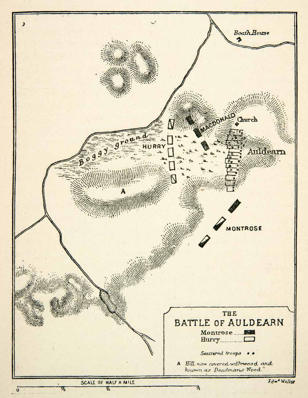 1893 Lithograph Map Battle Auldearn Wars Three Kingdoms Montrose Macdo ...