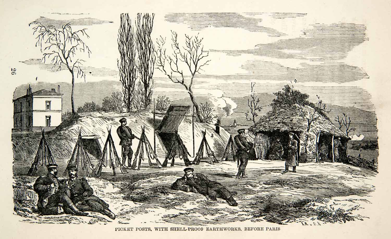 1871 Wood Engraving Picket Post Earthworks Franco Prussian War Paris F ...