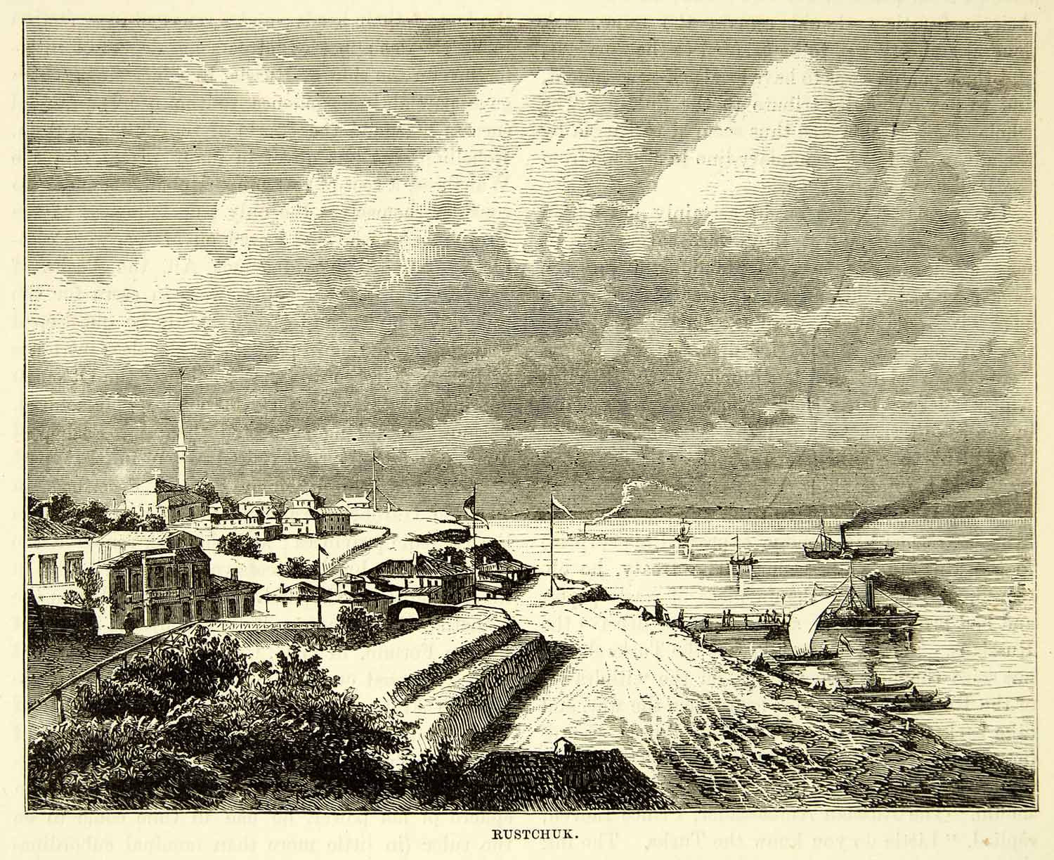 1883 Wood Engraving Rustchuk Cityscape Coastline Beach Ocean Sea Ship ...
