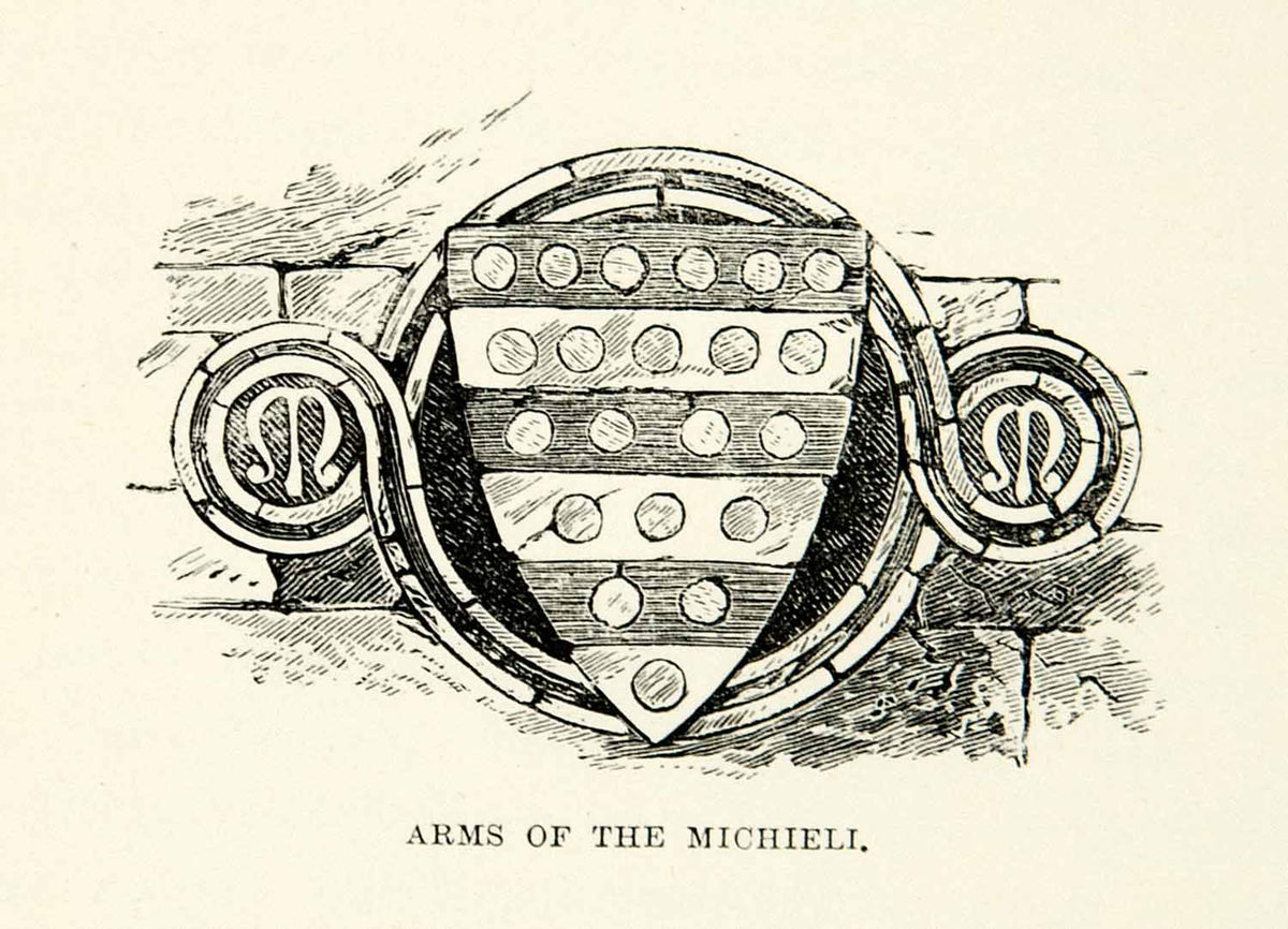 1893 Wood Engraving Vitale Michieli Family Crest Coat of Arms Doge Ven ...