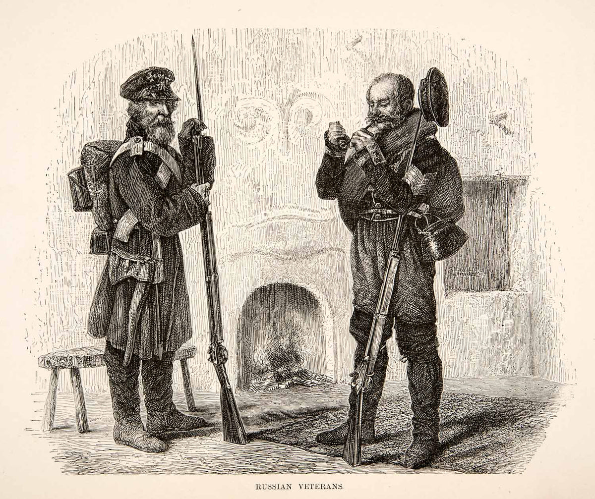 1881 Wood Engraving Russian Army Veterans Military Soldiers Rifle Unif ...