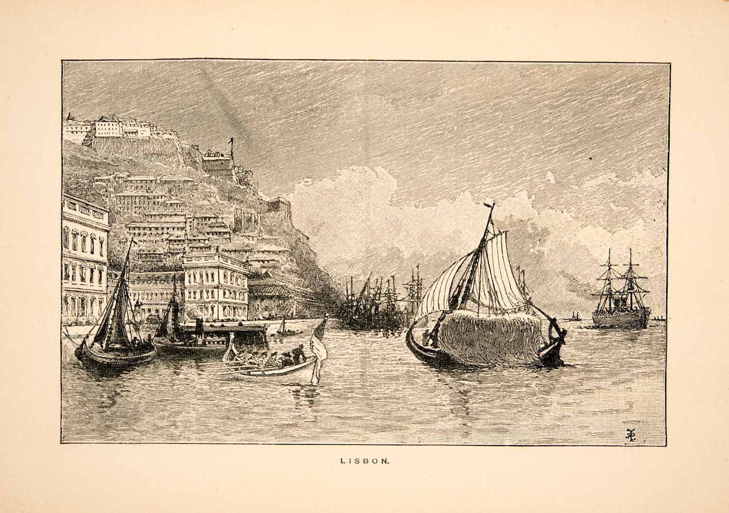1893 Wood Engraving Lisbon Portugal Ships Sailing Harbor Atlantic Ocea ...