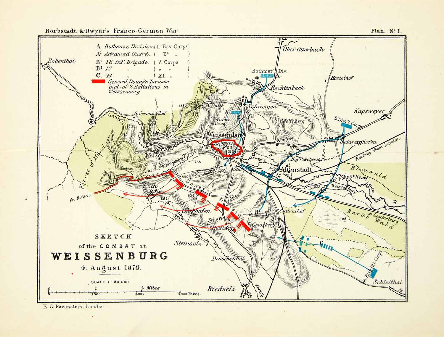 1873 Photolithographed Map Combat Weissenburg Franco German War Prussi ...
