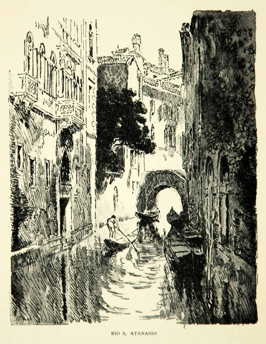 1905 Print Rio S. Atanasio Venice Canal Gondola Architecture Joseph XE ...